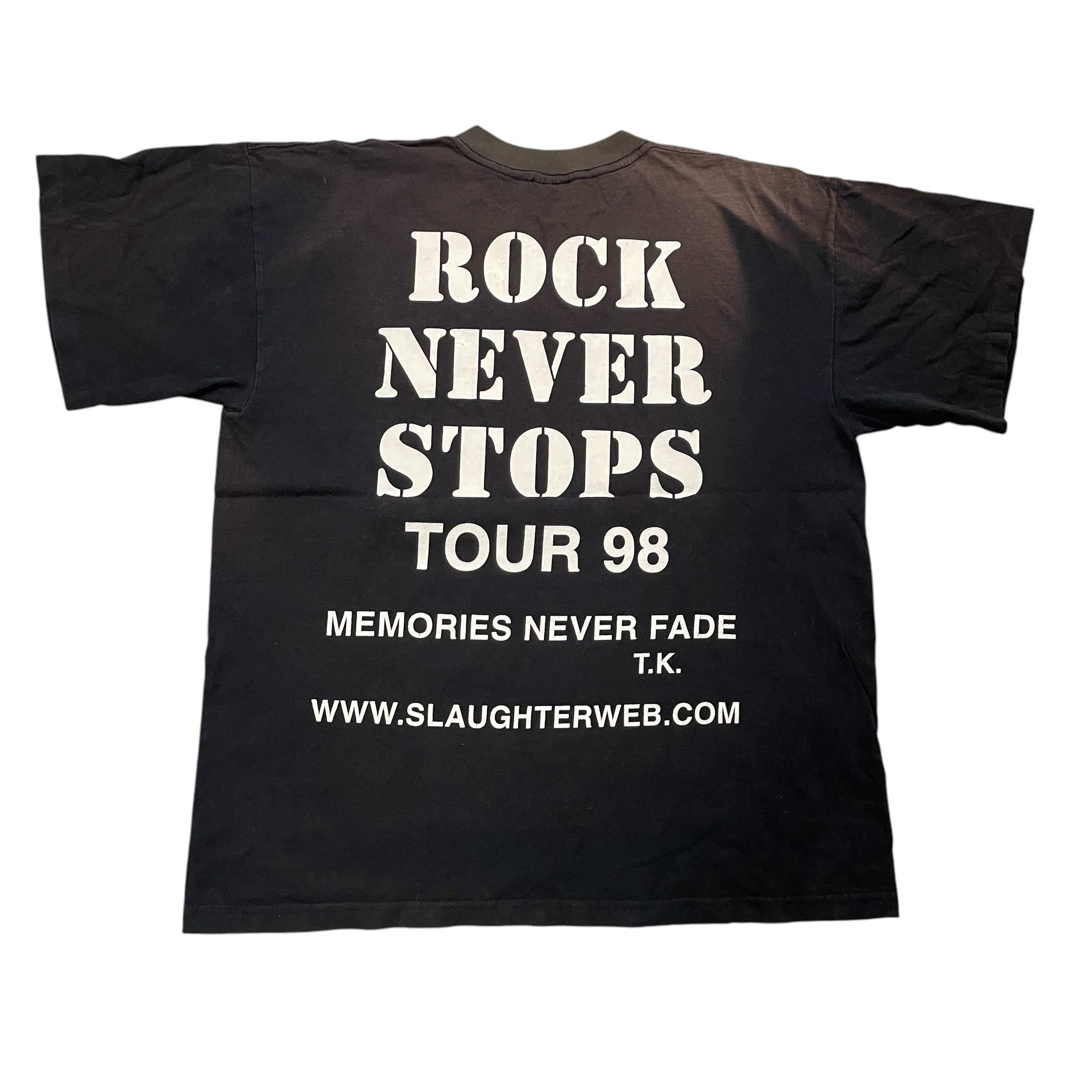 90s Slaughter "Rock Never Stops" Vintage Band Tour T-Shirt – Black ...